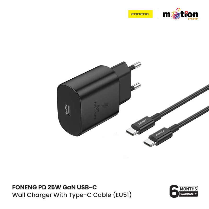 FONENG PD 25W GaN USB-C Wall Charger With Type-C Cable (EU51) Black